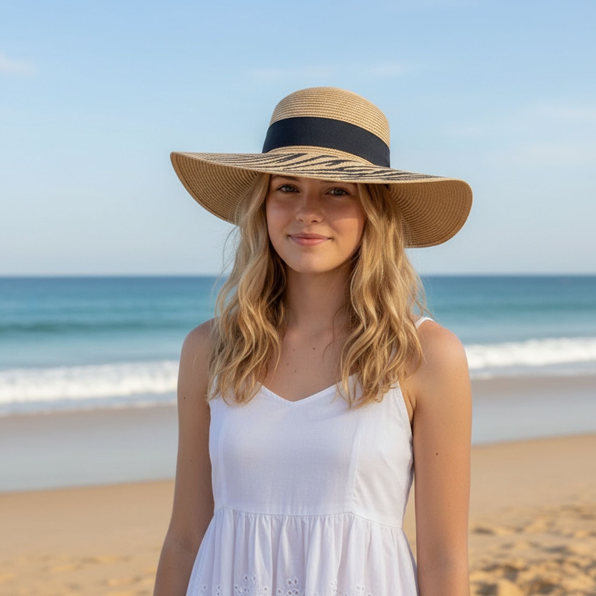Zebra Print Wide Brim Foldable Hat (57cm) - Dark Natural/Black ...